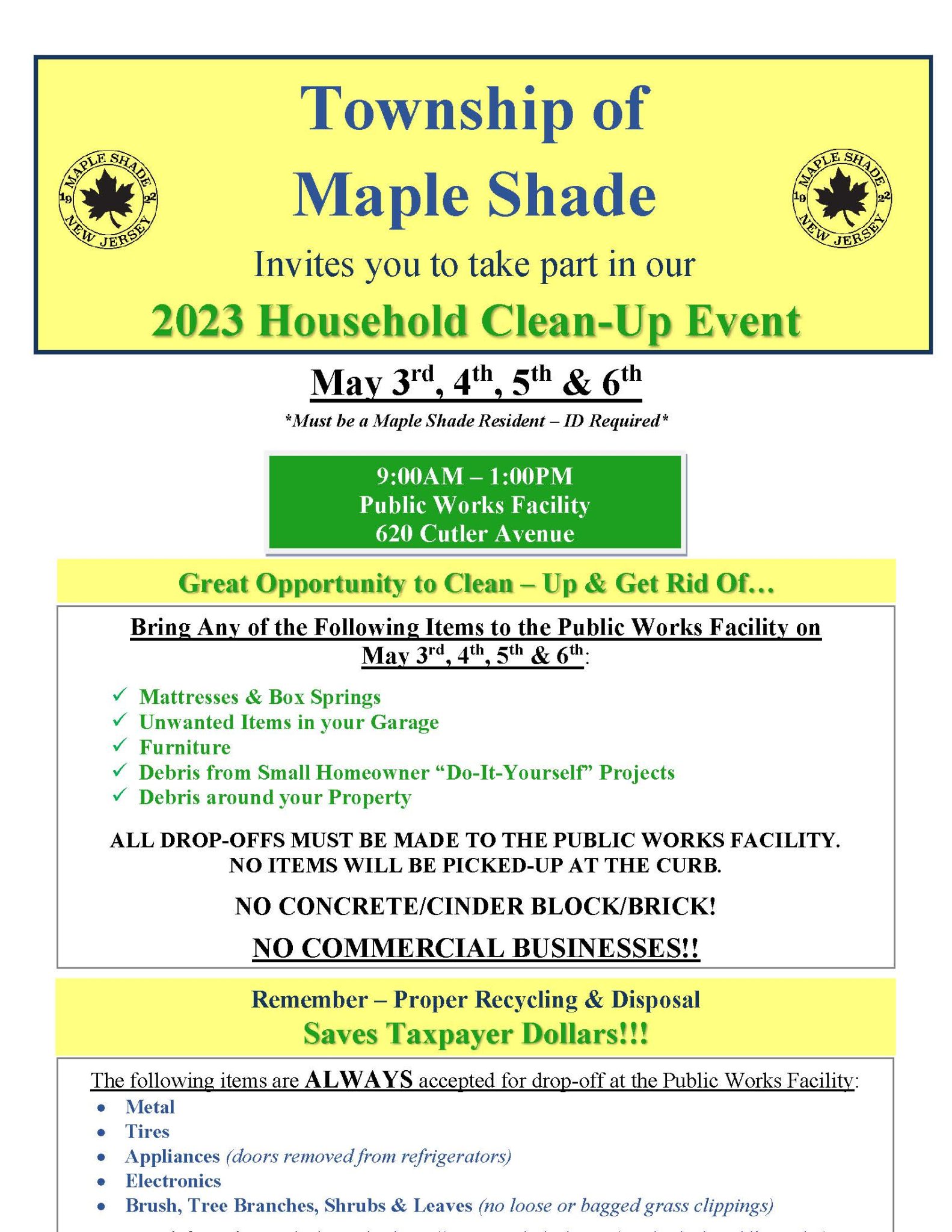 Household Clean-Up Event – Maple Shade Township
